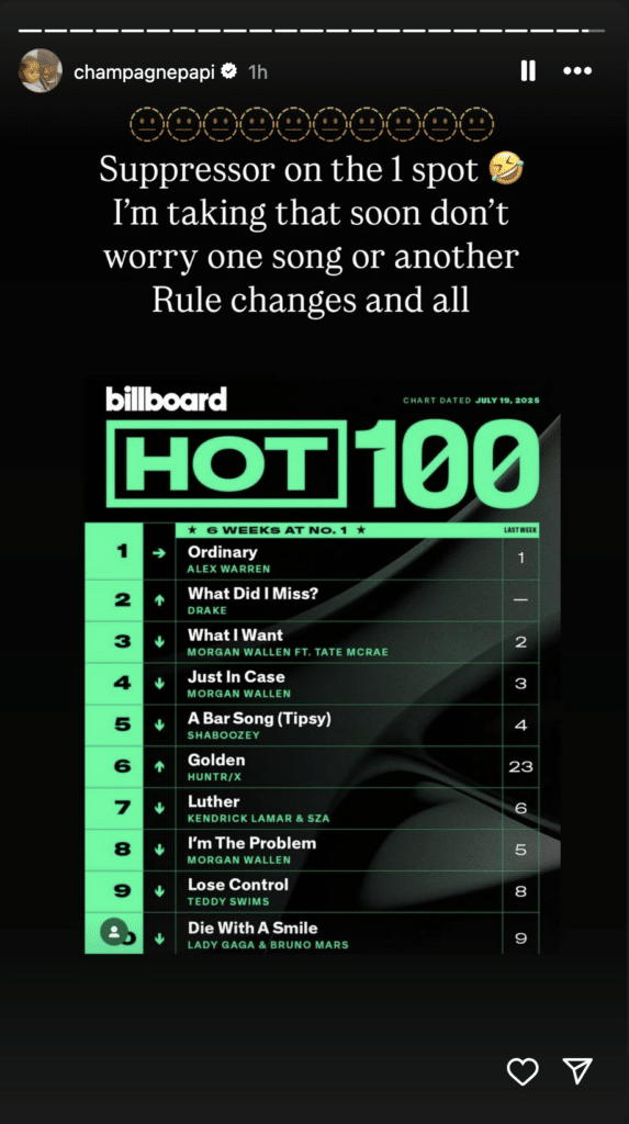 Drake's Instagram Post Coming for Billboard Hot 100 #1 - 'What Did I Miss?'